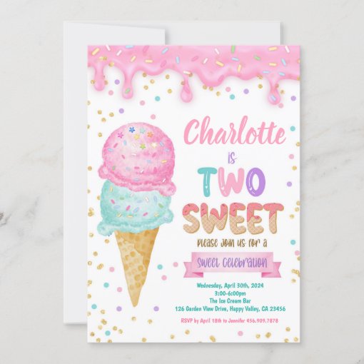 Ice Cream Two Sweet 2nd Birthday Party Pink Mint Invitation | Zazzle
