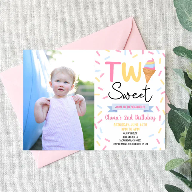 Ice Cream Two Sweet 2nd Second Birthday Party Invitation | Zazzle