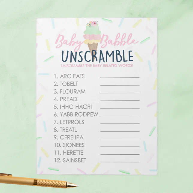 Ice Cream Word Unscramble Baby Shower Game Pack Notepad | Zazzle