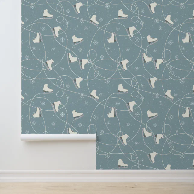 Ice Skates Snowflakes Ice Trails Blue Gray Wallpaper | Zazzle