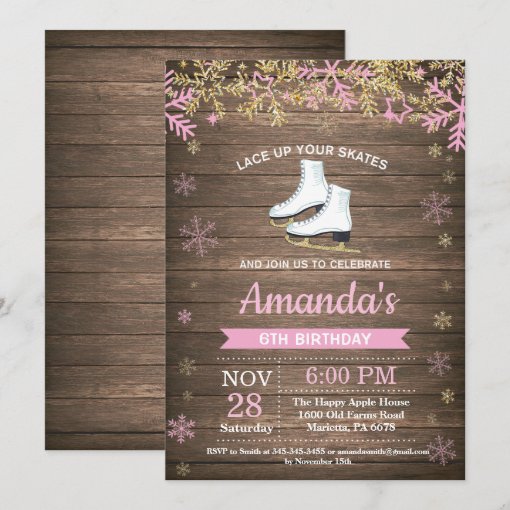 Ice Skating Birthday Party Pink Skate Invitation | Zazzle