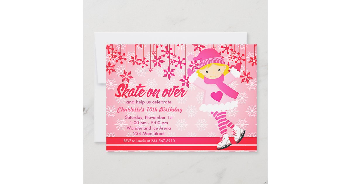 Ice Skating Bright Pink Girly Party Invitation | Zazzle