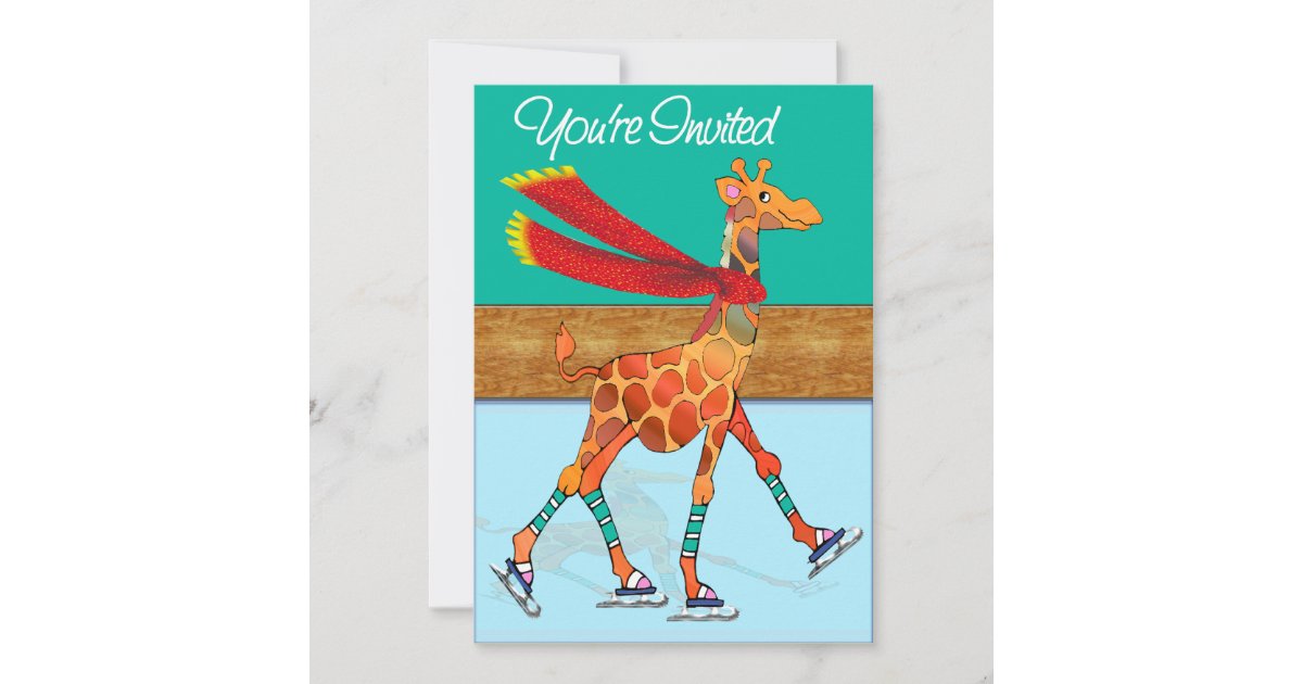 Ice Skating Giraffe with Scarf at Rink Invitation | Zazzle