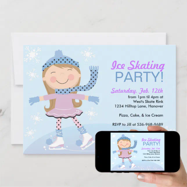 Ice Skating Party Invitations with girl skating | Zazzle