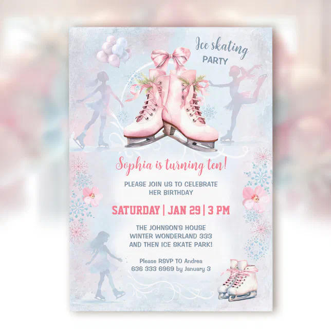 Ice Skating Party Winter Pink Blue Girl Birthday Invitation | Zazzle