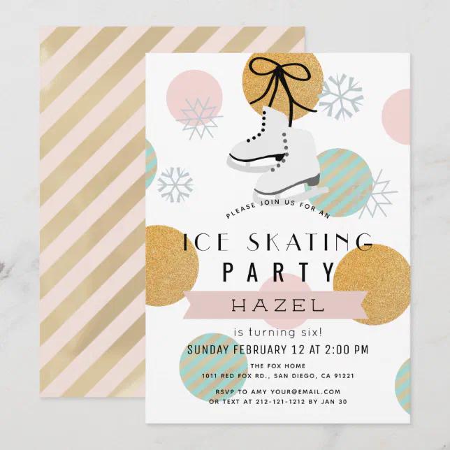 Ice Skating Party Winter Pink Gold Girl Birthday Invitation | Zazzle
