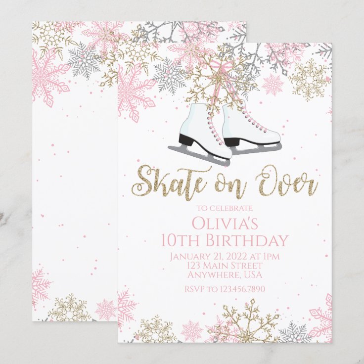 Ice Skating Pink Gold Glitter Snowflakes Birthday Invitation | Zazzle