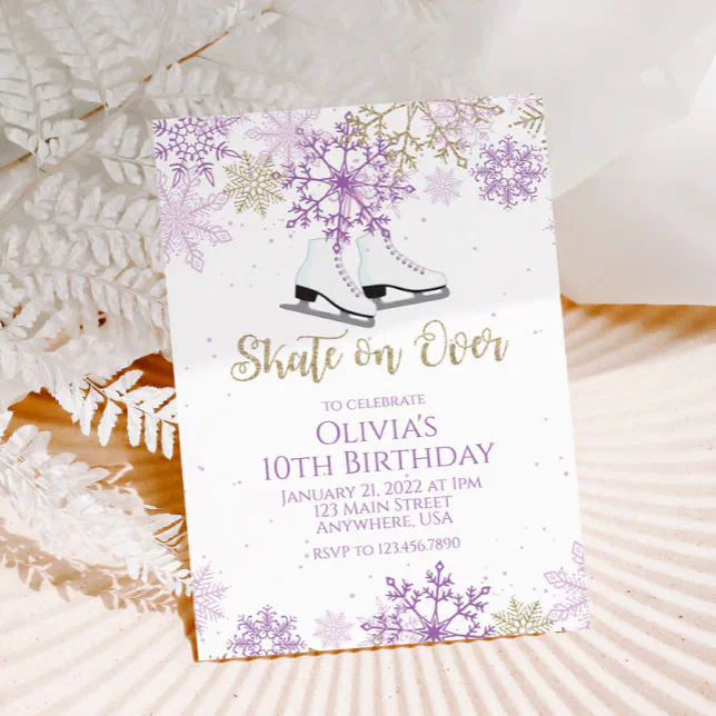 Ice Skating Purple and Gold Snowflakes Birthday Invitation | Zazzle