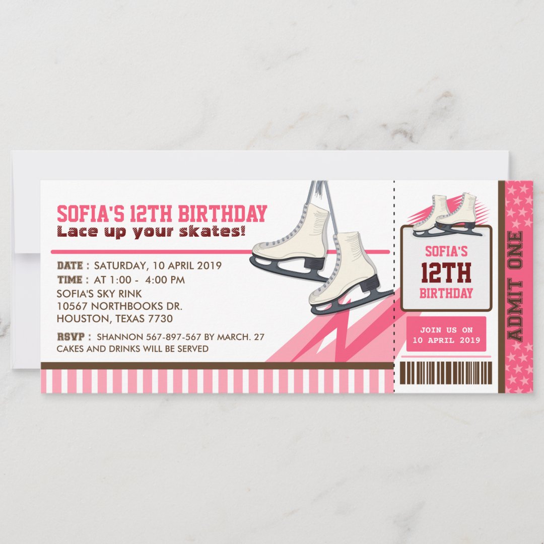 Ice skating Sky Rink Sport Ticket Pass Birthday Invitation | Zazzle