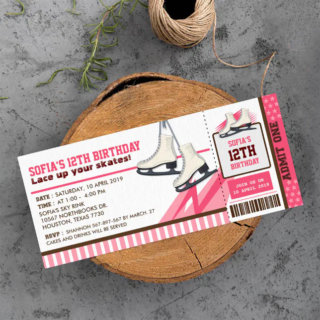 Ice skating Sky Rink Sport Ticket Pass Birthday Invitation | Zazzle