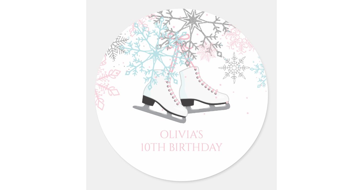 Ice Skating Snowflakes Pink blue silver glitter Classic Round Sticker ...
