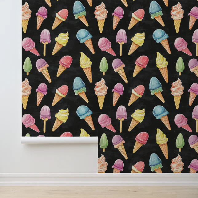 Icecream Shop Pattern Chalk Drawings Black Bckg Wallpaper | Zazzle