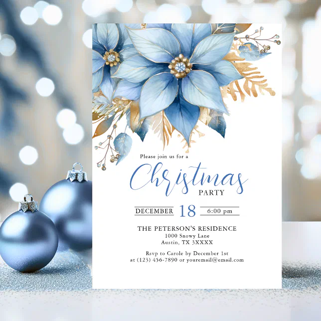 Icy Blue Gold Poinsettia Flower CHRISTMAS Party Invitation | Zazzle
