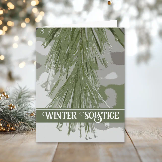 Icy Green Pine Branch Happy Winter Solstice Card | Zazzle