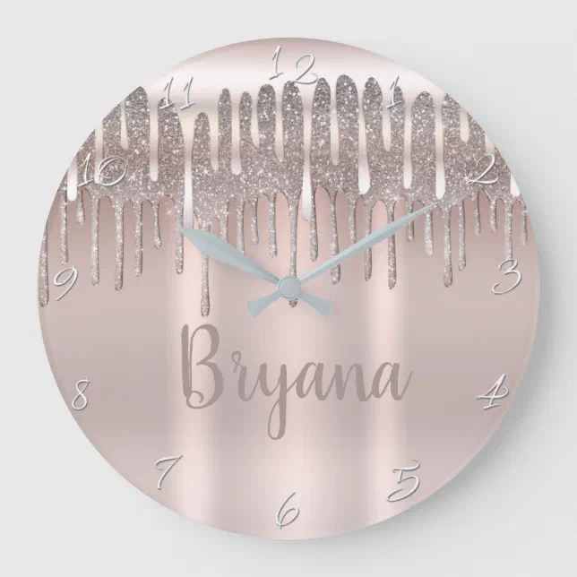 Icy Pink Rose Gold Diamond Sparkle Glitter Drip Large Clock | Zazzle