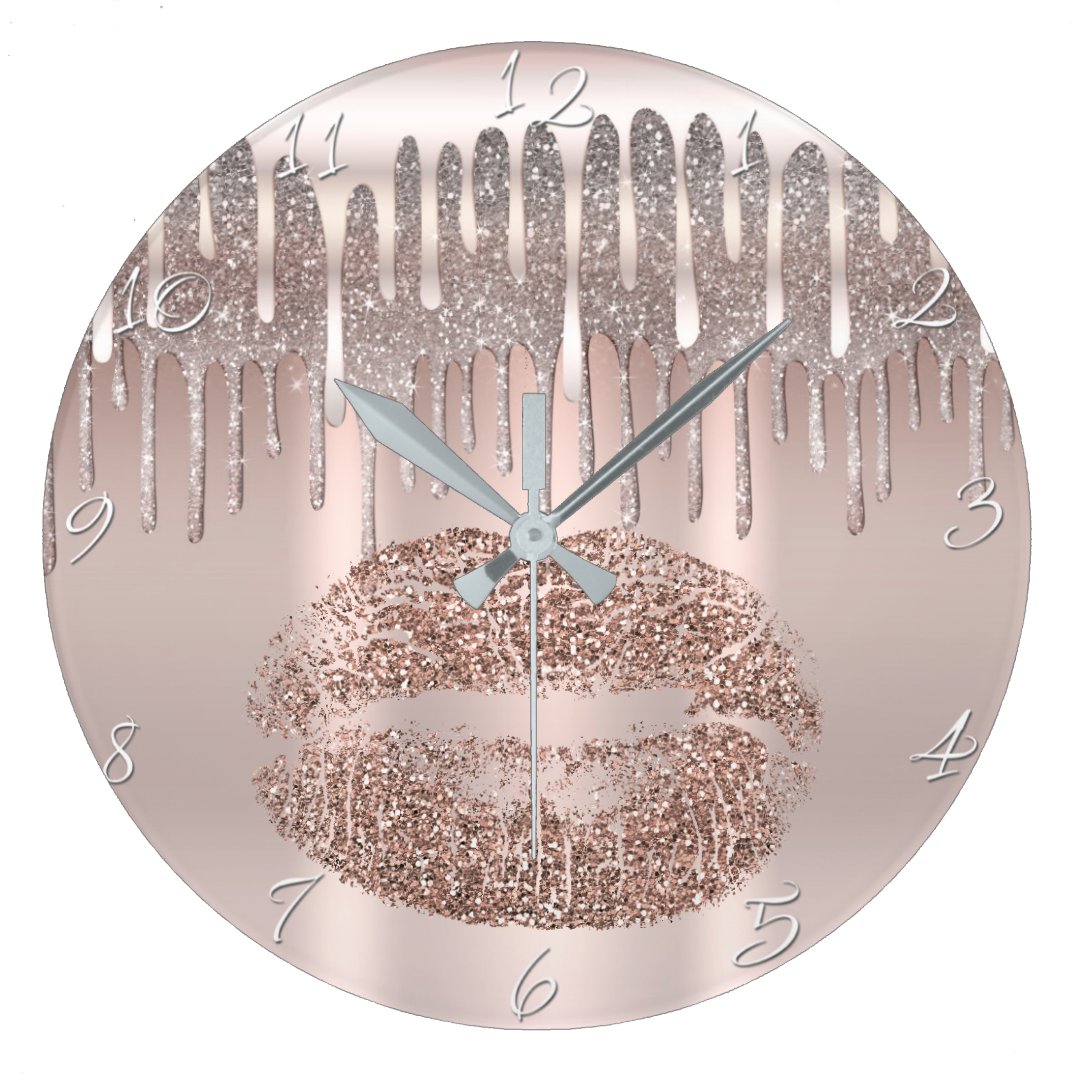 Icy Pink Rose Gold Lips Diamond Glitter Drip Large Clock | Zazzle