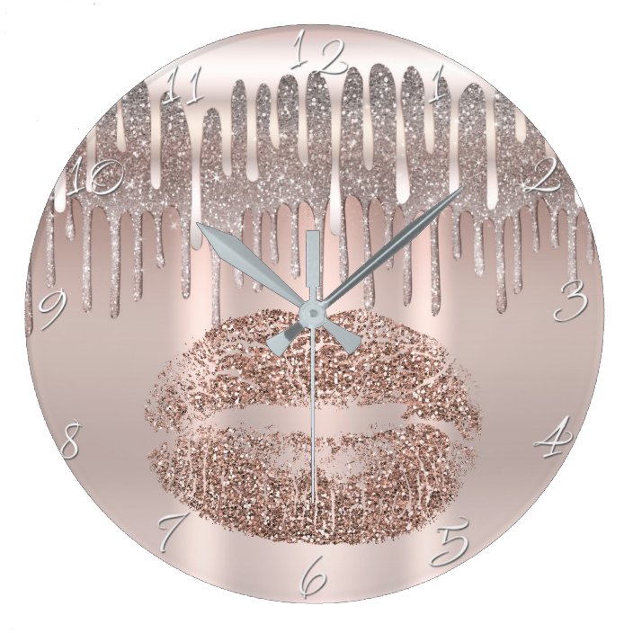 Icy Pink Rose Gold Lips Diamond Glitter Drip Large Clock | Zazzle.com