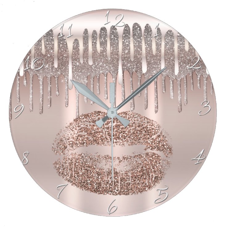 Icy Pink Rose Gold Lips Diamond Glitter Drip Large Clock | Zazzle