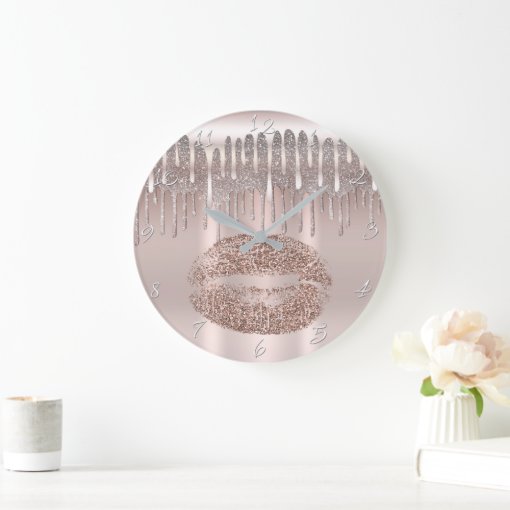 Icy Pink Rose Gold Lips Diamond Glitter Drip Large Clock | Zazzle