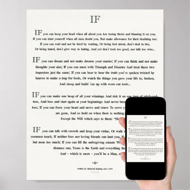 IF Quote by Rudyard Kipling 1895 on White Linen Poster | Zazzle