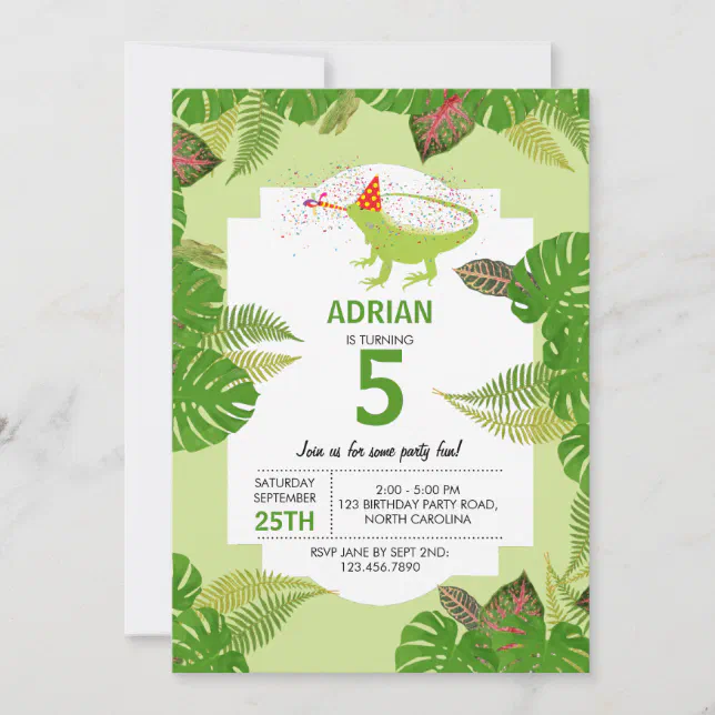 Iguana Lizard Partying Animals Birthday Party Invitation | Zazzle
