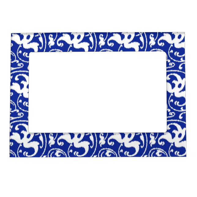 Ikat Floral Damask - Cobalt Blue and White Magnetic Picture Frame | Zazzle