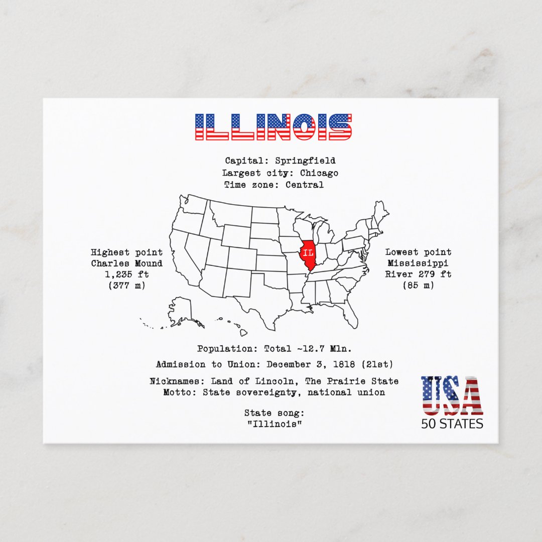 Illinois American state on a map and useful info Holiday Postcard | Zazzle