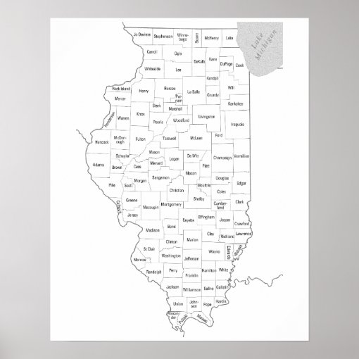 Illinois state outline map with counties poster | Zazzle