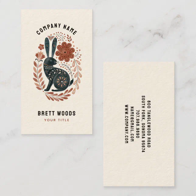 Illustrated Black Rabbit Floral Folk Art Business Card | Zazzle
