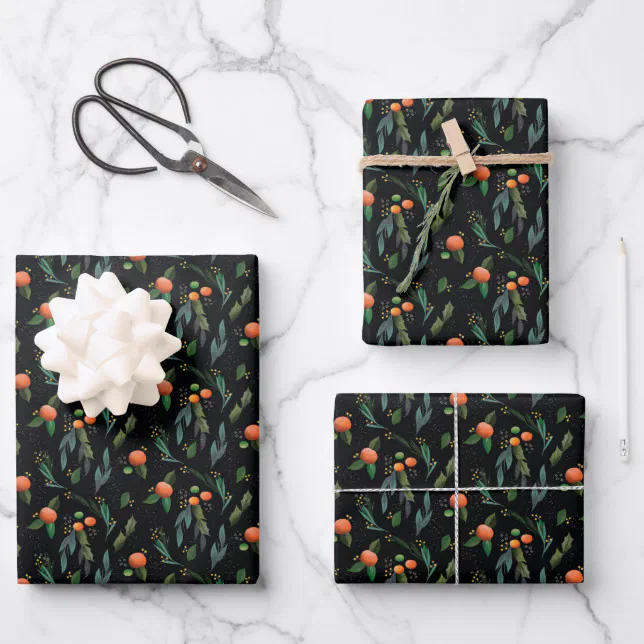 Illustrated Christmas Citrus Tangerine Holiday Wrapping Paper Sheets ...