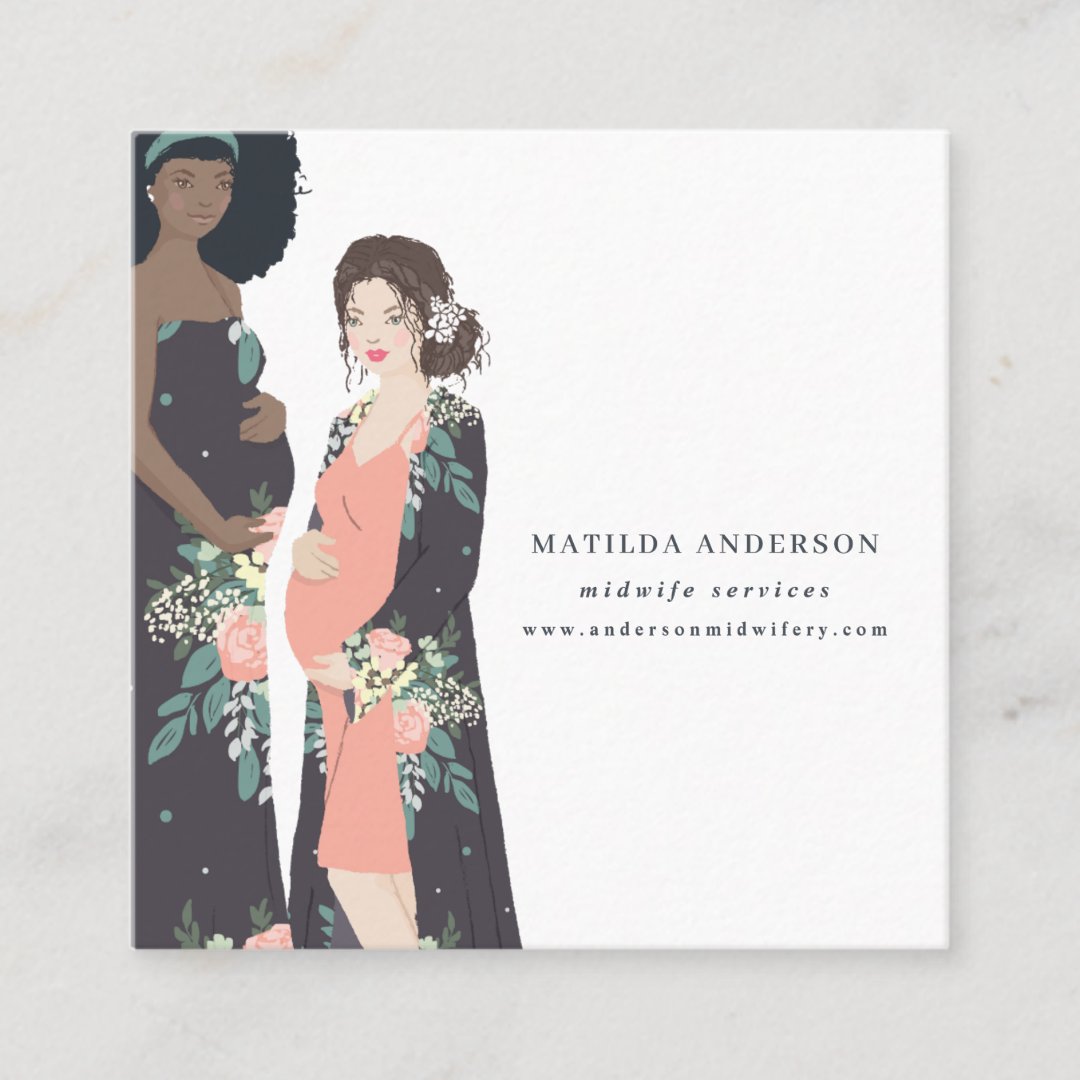 Illustrated colorful + floral midwife square business card | Zazzle