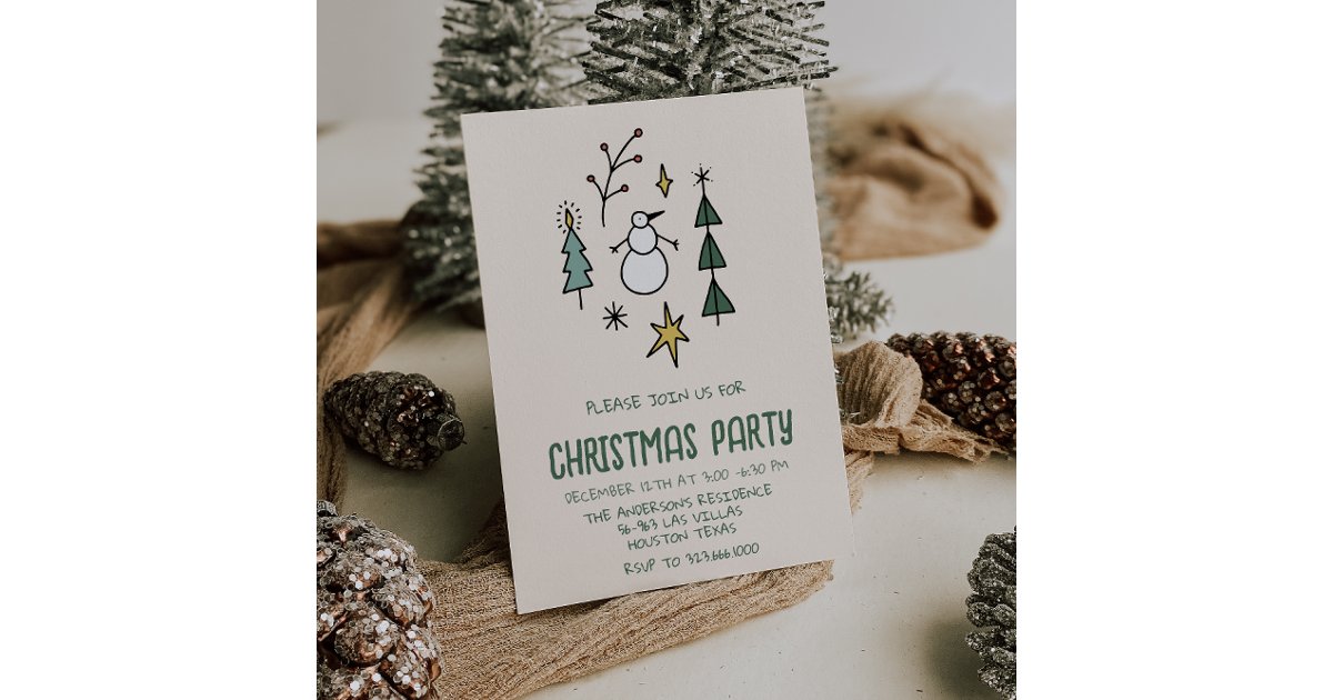 Illustrated Green Christmas Trees Snowman Party Invitation | Zazzle