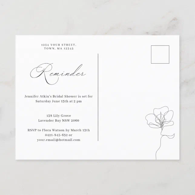 Illustrated hand drawn flower reminder RSVP Invita Invitation Postcard ...