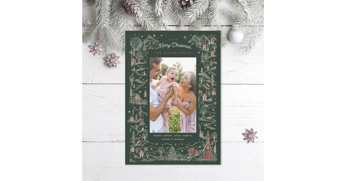 Illustrated Little Town Winter Scene Portrait Phot Holiday Card | Zazzle