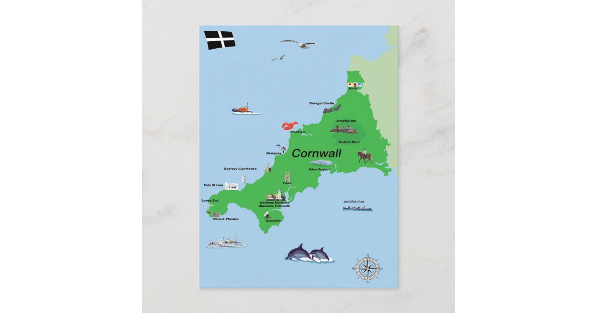 Illustrated map of Cornwall Postcard | Zazzle