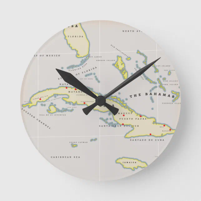 Illustrated map of Cuba Round Clock | Zazzle
