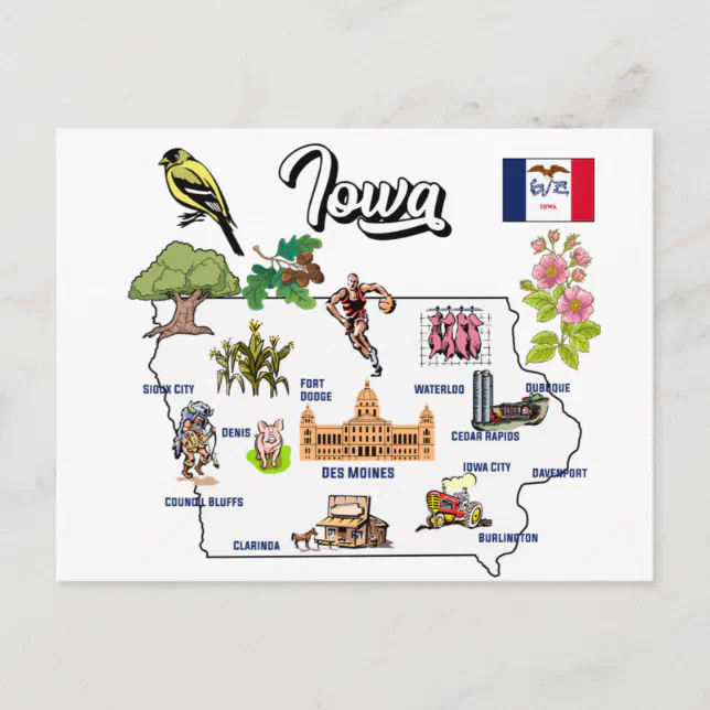illustrated Map of Iowa in US Postcard | Zazzle