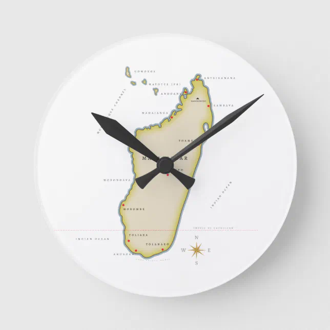 Illustrated map of Madagascar Round Clock | Zazzle