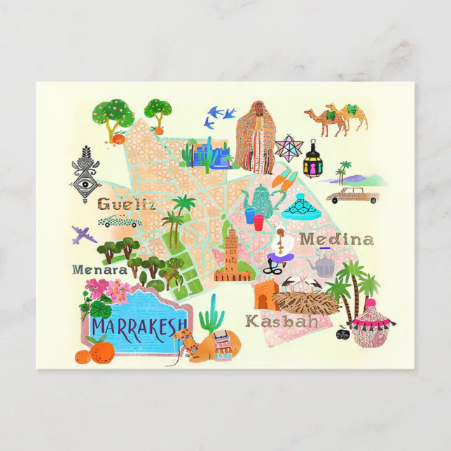 Illustrated Map of Marrakech Postcard | Zazzle
