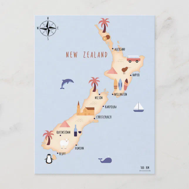 Illustrated map of New Zealand Postcard | Zazzle