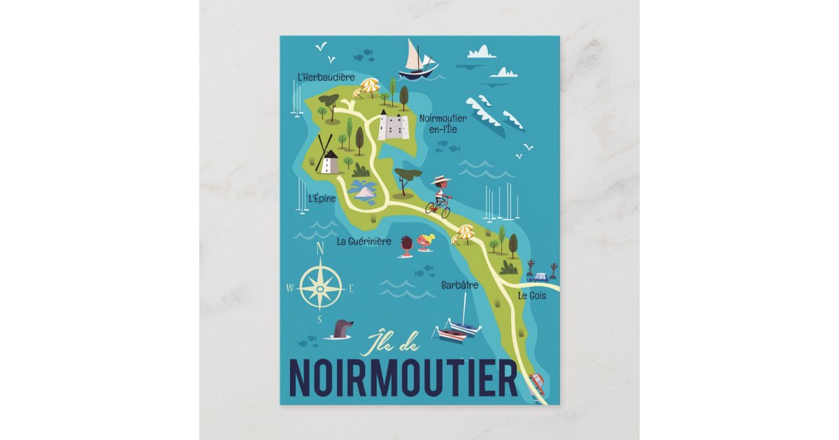 Illustrated Map of Noirmoutier Island Postcard | Zazzle