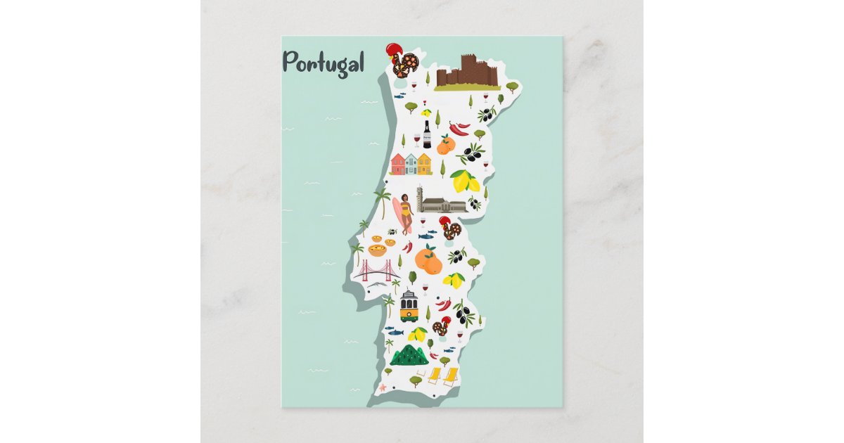 Illustrated Map of Portugal Postcard | Zazzle