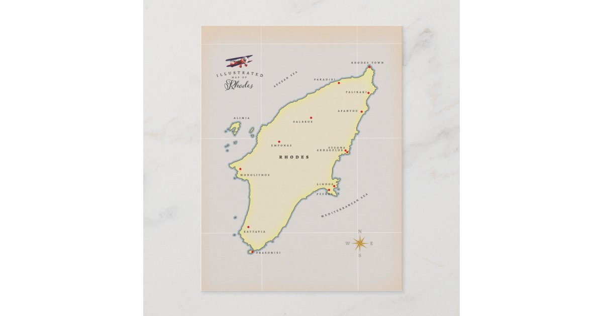 Illustrated map of Rhodes. Postcard | Zazzle