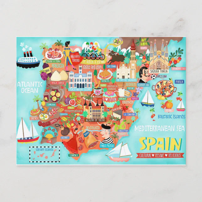 Illustrated Map of Spain Postcard () | Zazzle