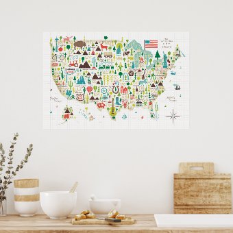 Illustrated Map of the USA Poster | Zazzle