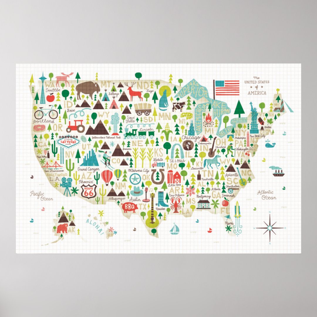 Illustrated Map of the USA Poster | Zazzle