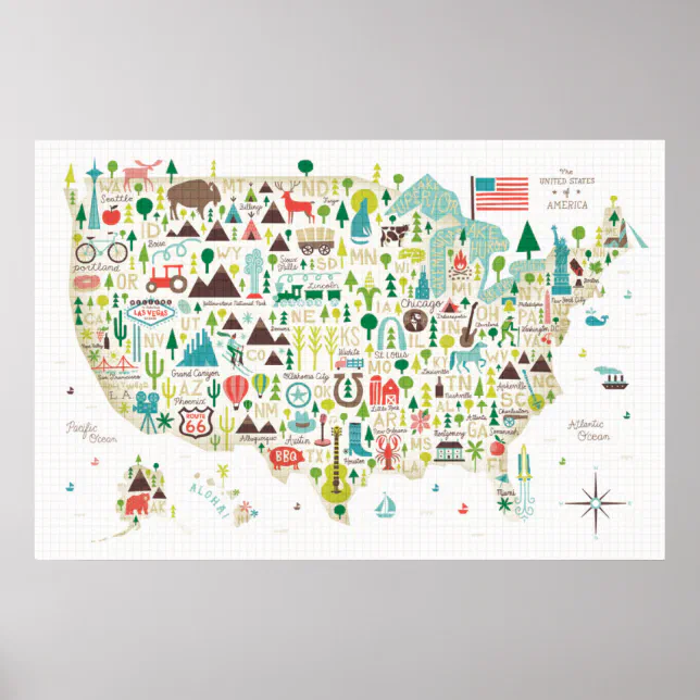 Illustrated Map of the USA Poster | Zazzle