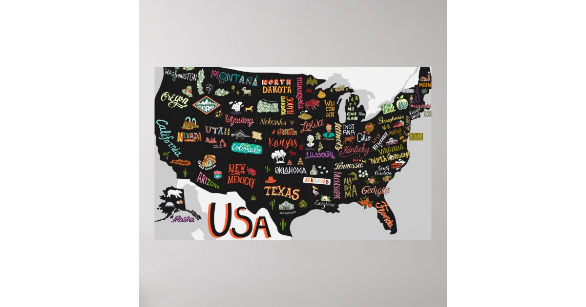 Illustrated map of the USA. Poster with states and | Zazzle