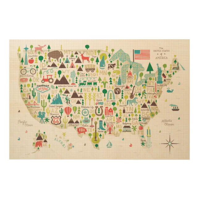 Illustrated Map of the USA Wood Wall Decor | Zazzle