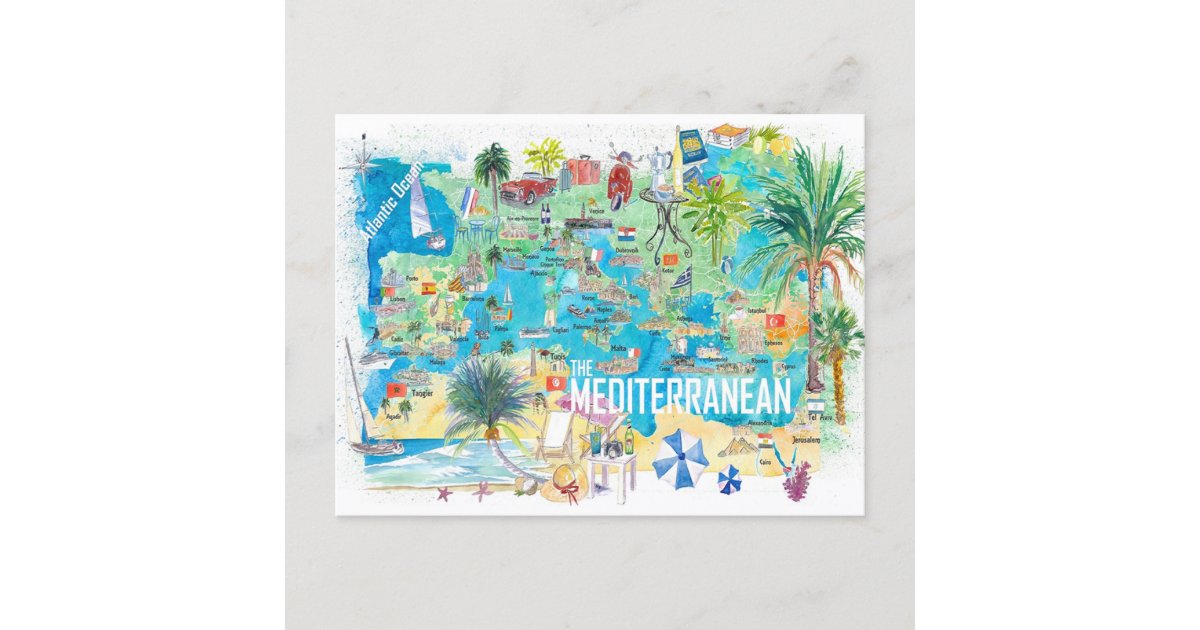 Illustrated Mediterranean Sea Travel Map Postcard | Zazzle